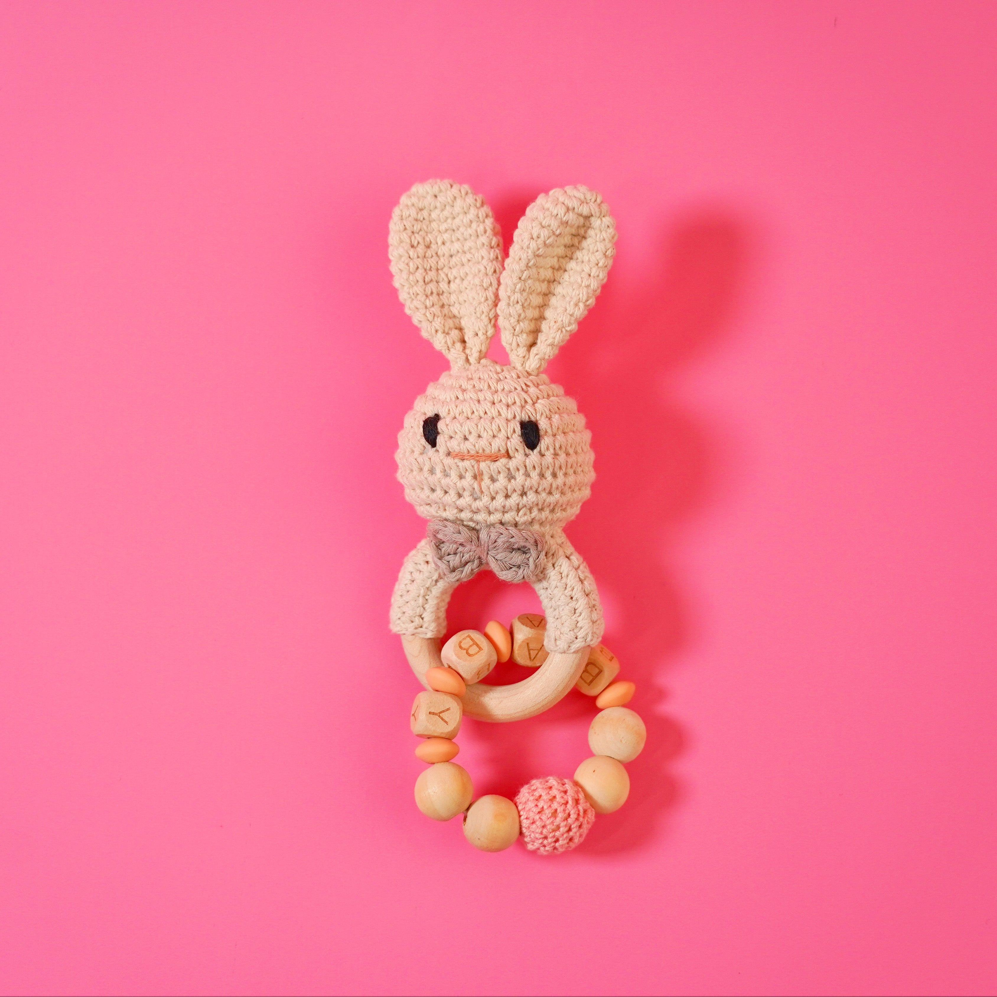 Baby Rattle Pink Rabbit Toy with Wooden Teeth Ring Bracelet Style – UK ...